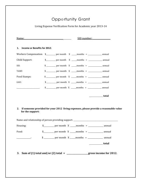 Living Expense Verification Form for Academic year 2013-14 Name ...
