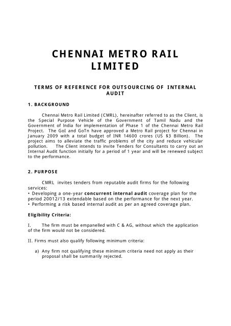 Internal Audit Assignments - Chennai Metro Rail