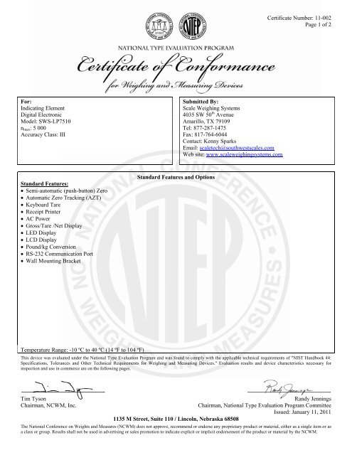 View the Display NTEP Certificate - SouthwestScales.com