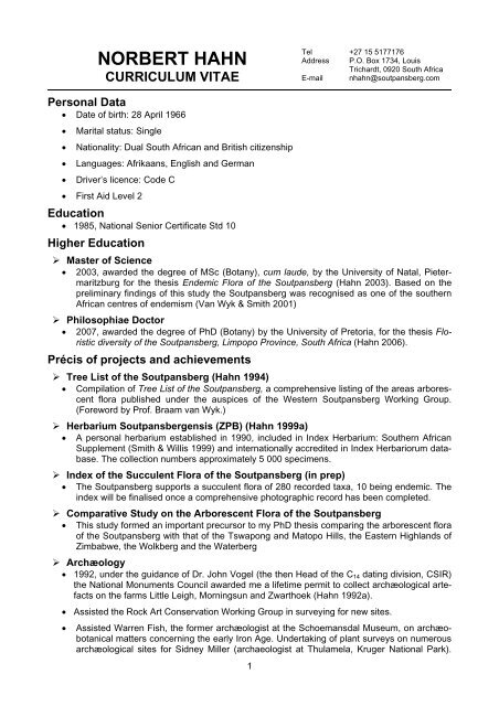 CURRICULUM VITAE NORBERT HAHN - Soutpansberg