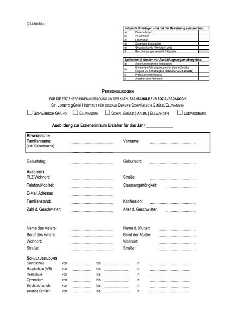 Personalbogen - bei St. Loreto gGmbH