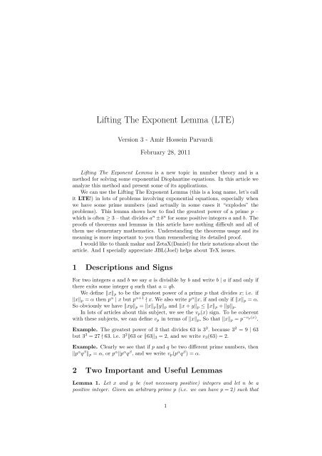 Lifting The Exponent Lemma (LTE)