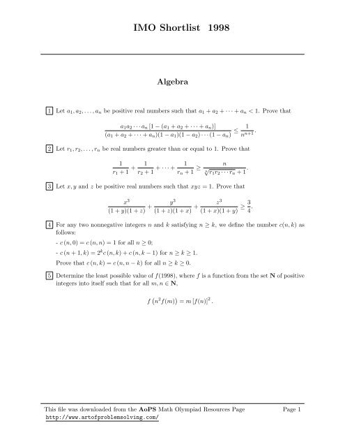 International Competitions IMO Shortlist 1998 - Art of Problem Solving