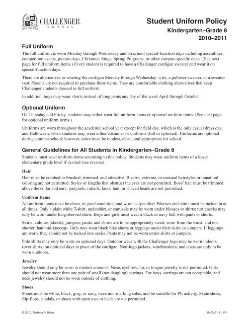 Student Uniform Policy - Challenger School