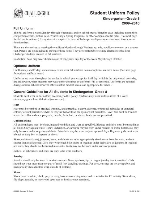 Student Uniform Policy - Challenger School