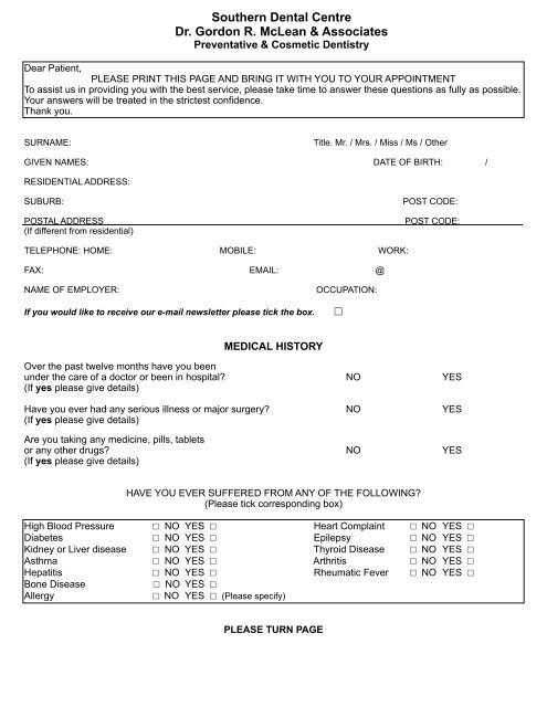 SDC Medical History Form - Southern Dental Centre