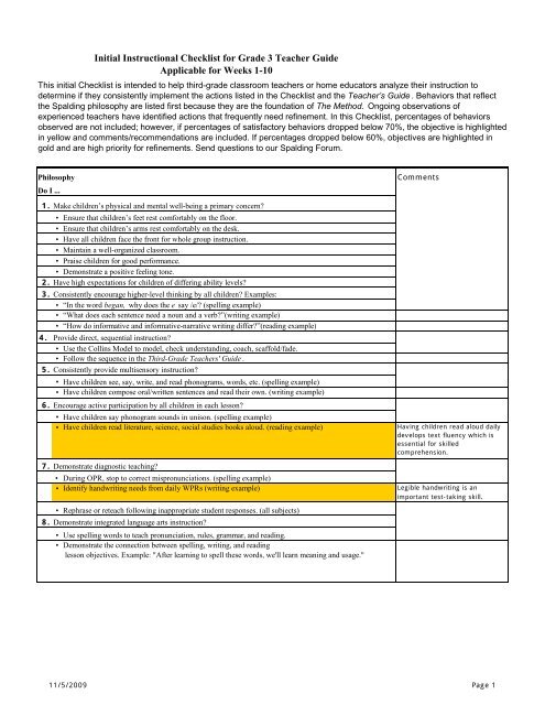 Initial Instructional Checklist for Grade 3 Teacher Guide Applicable ...