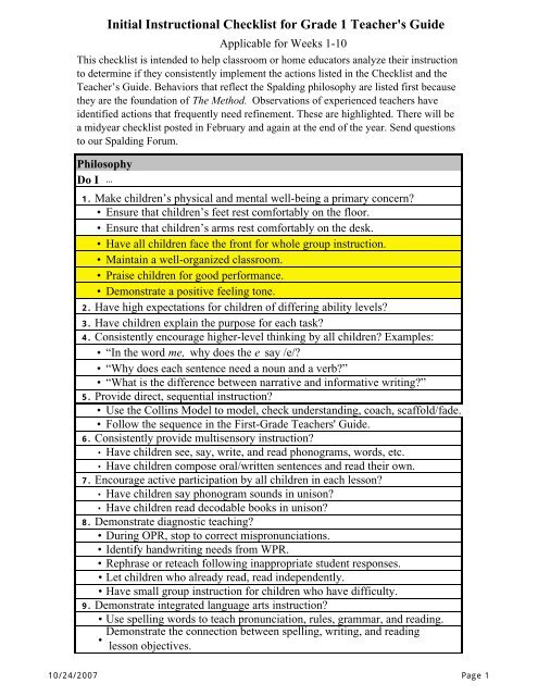 Initial Instructional Checklist for Grade 1 Teacher's Guide - Spalding ...