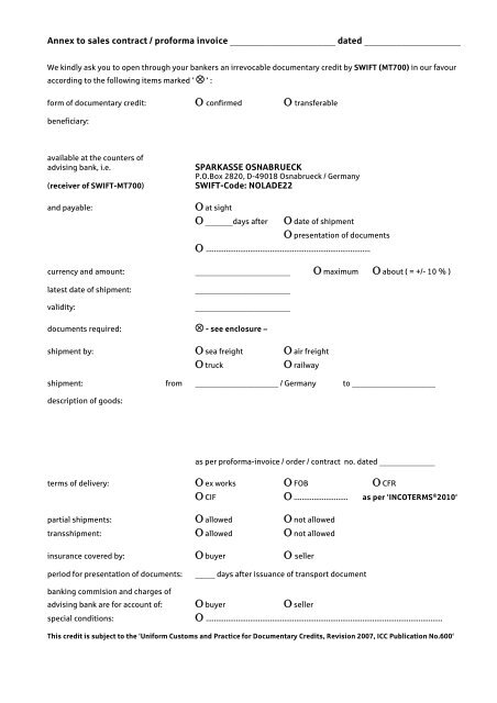 Annex to sales contract / proforma invoice