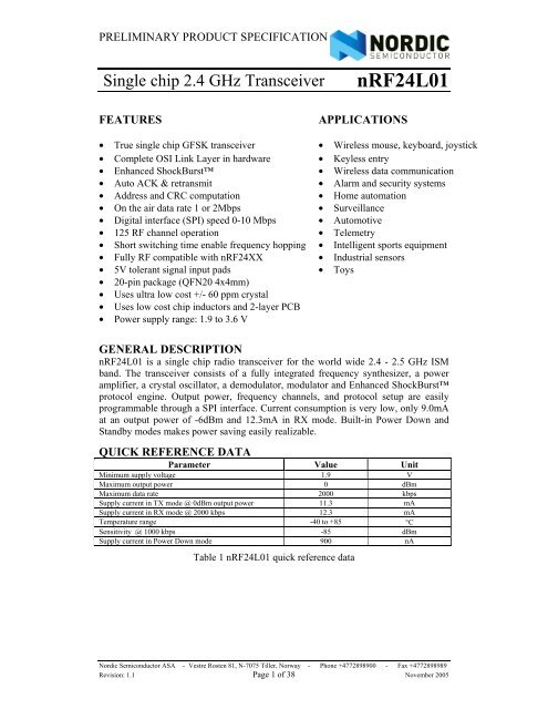 nRF24L01 Single chip 2.4 GHz Transceiver