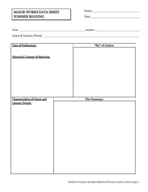 MAJOR WORKS DATA SHEET SUMMER READING