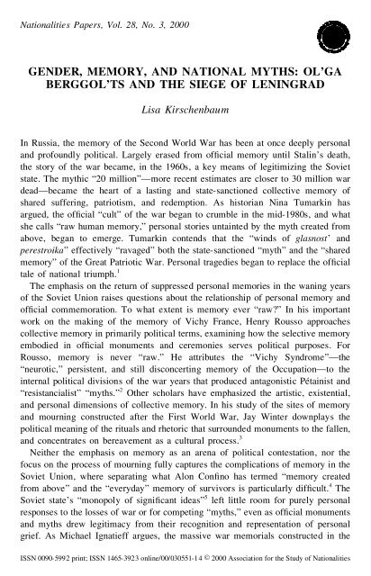 Gender, Memory, and National Myths: Ol'ga Berggol'ts and the Siege of ...