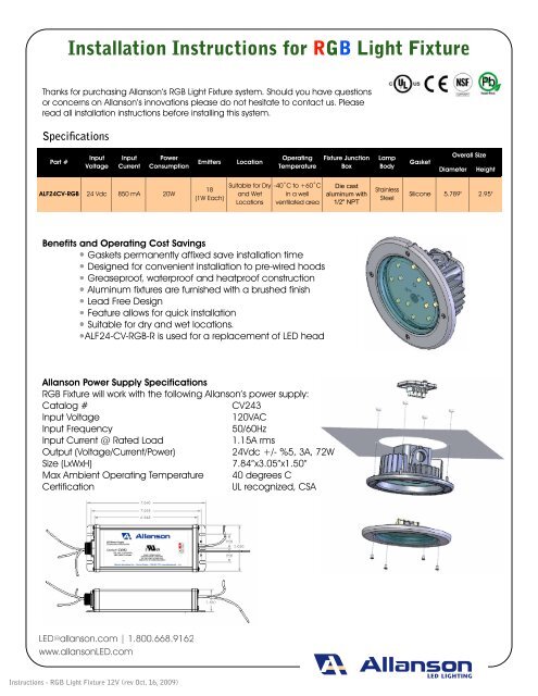 Installation Instructions for RGB Light FiÏ ture - Allanson LED