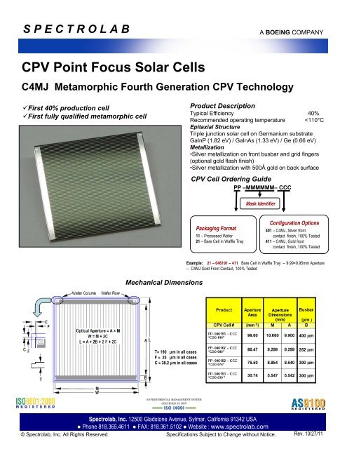 CPV Point Focus Solar Cells - Spectrolab