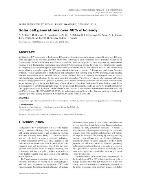 Solar cell generations over 40% efficiency - Spectrolab
