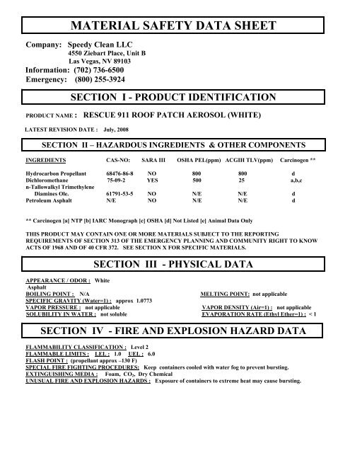 MATERIAL SAFETY DATA SHEET - SPEEDY-CLEAN
