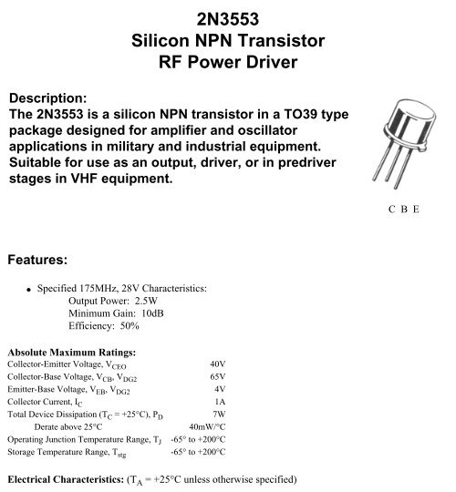 2N3553 Silicon NPN Transistor RF Power Driver - HVLabs.com