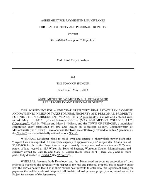 AGREEMENT FOR PAYMENT IN LIEU OF TAXES ... - Spencer, MA