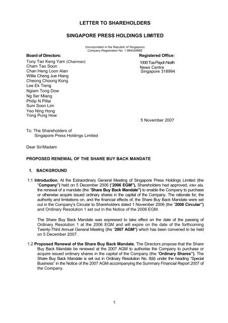 LETTER TO SHAREHOLDERS - Singapore Press Holdings