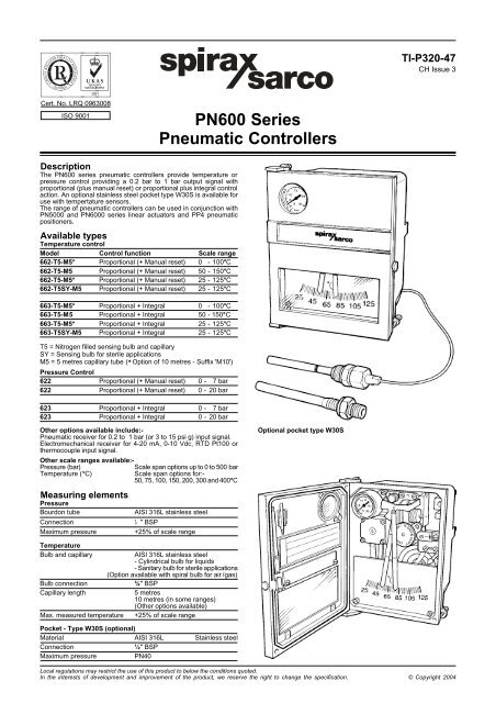PN600 Series Pneumatic Controllers - Spirax Sarco