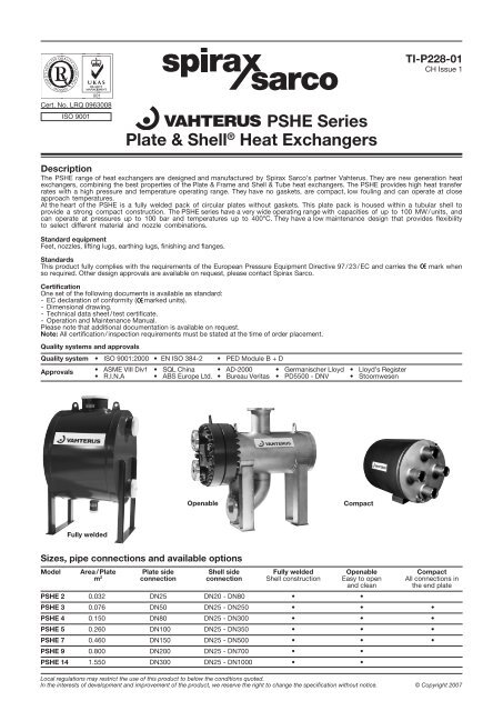 Vahterus PSHE Series Plate and Shell Heat Exchanger - Spirax Sarco