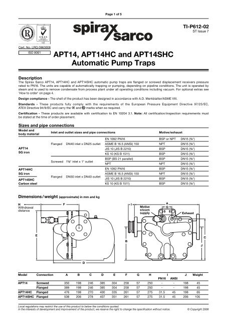 APT14, APT14HC and APT14SHC Automatic Pump ... - Spirax Sarco