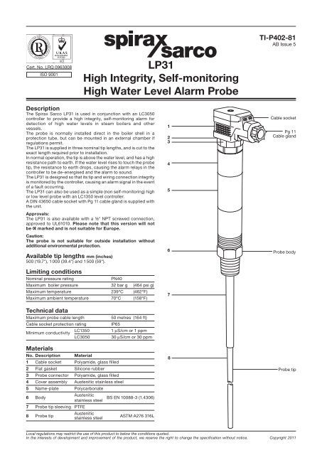 LP31 High Integrity, Self-monitoring High Water Level ... - Spirax Sarco