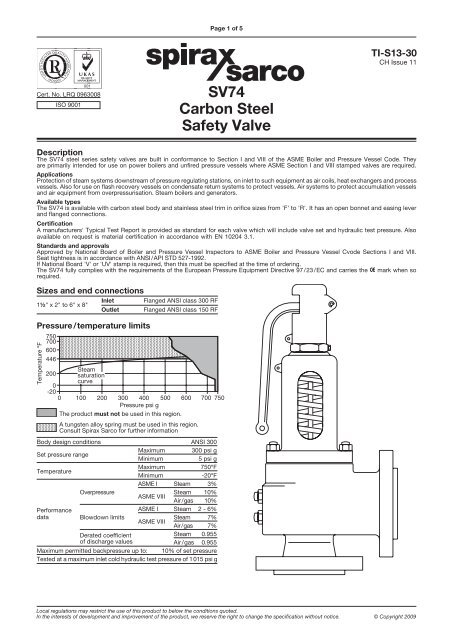SV74 Carbon Steel Safety Valve - Spirax Sarco