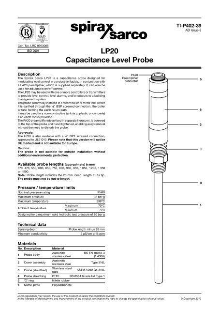 LP20 Capacitance Level Probe - Spirax Sarco