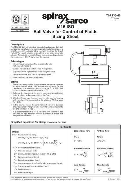 m15 iso ball valve for control of fluids - sizing sheet - Spirax Sarco
