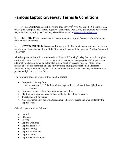 Famous Laptop Giveaway Terms & Conditions - Laplink