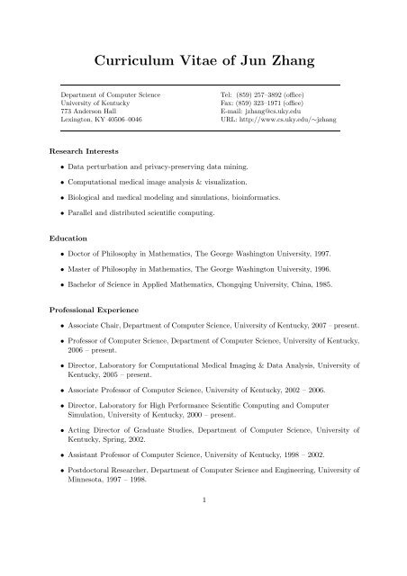 Curriculum Vitae of Jun Zhang - Computer Science Department ...