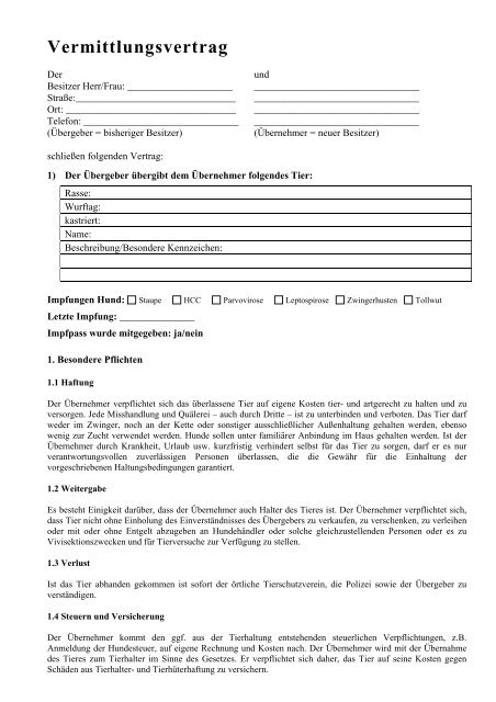 Blanko-Vermittlungsvertrag (als PDF-Datei) - Hundeausbildung ...