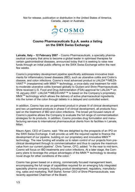 Cosmo Pharmaceuticals S.p.A. seeks a listing on the SWX Swiss ...