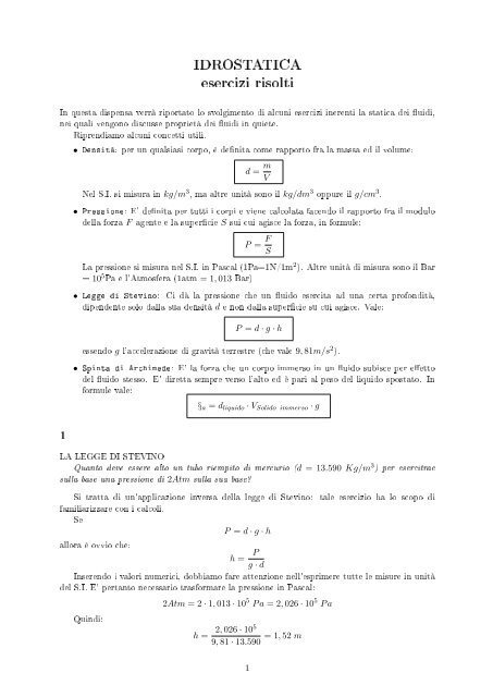 Esercizi di idrostatica con soluzione