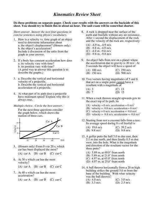 Kinematics Review Sheet 1 With Answers