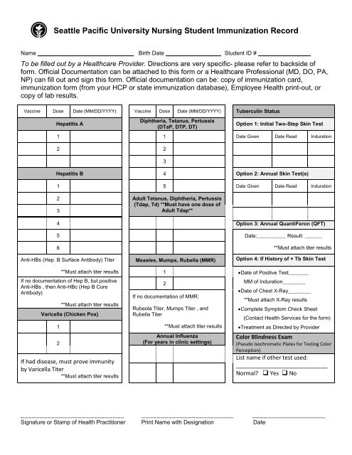 Seattle Pacific University Nursing Student Immunization Record
