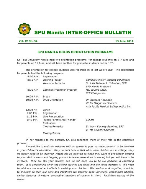SPU Manila INTER-OFFICE BULLETIN - St. Paul University Manila