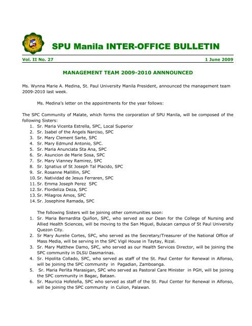 SPU Manila INTER-OFFICE BULLETIN - St. Paul University Manila