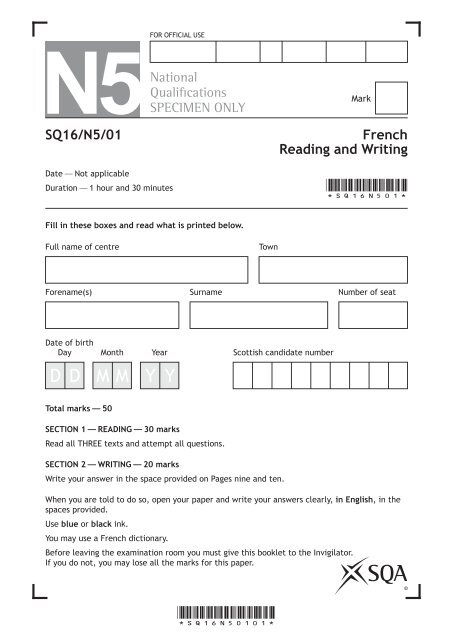 French: Reading and Writing Specimen Question Paper National 5