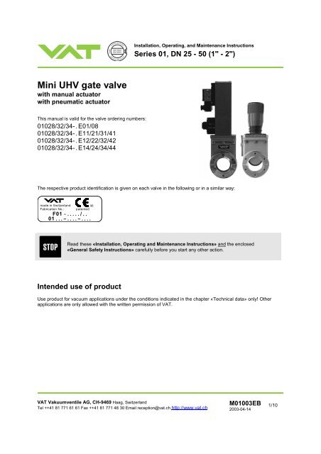 VAT series 010 mini UHV gate valve - Synchrotron Radiation Center