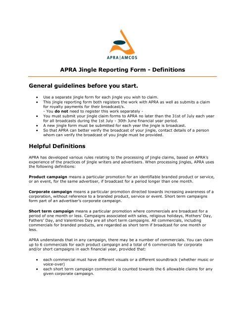 APRA Jingle Reporting Form - Definitions General guidelines before ...