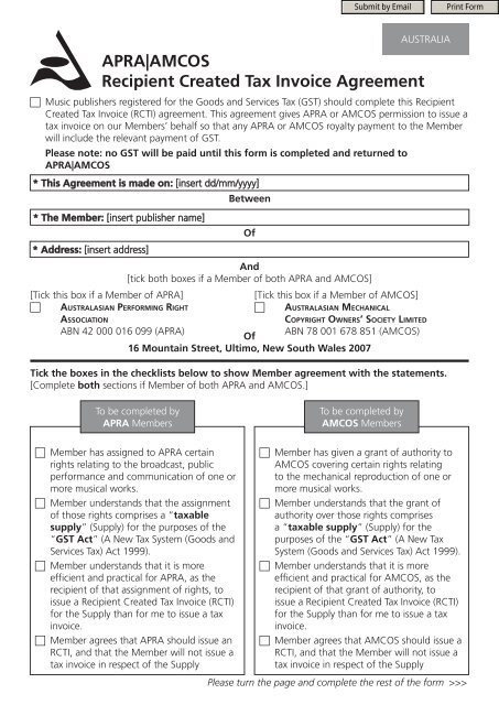 APRA|AMCOS Recipient Created Tax Invoice Agreement