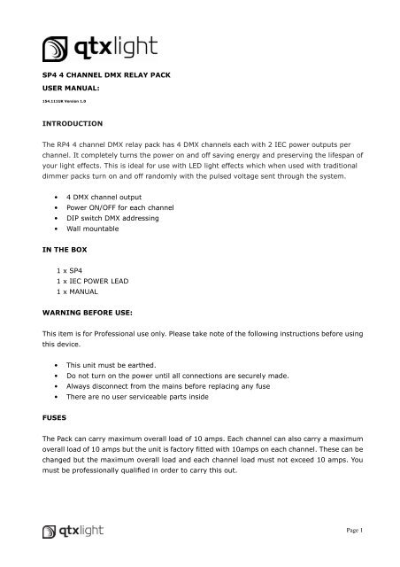 SP4 4 CHANNEL DMX RELAY PACK USER MANUAL - CCT Lighting