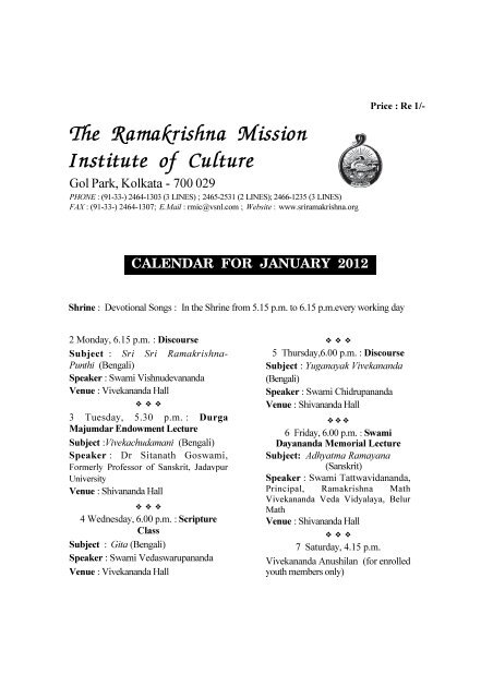 RMIC-Calendar January 2012.pmd - Ramakrishna Mission Institute ...