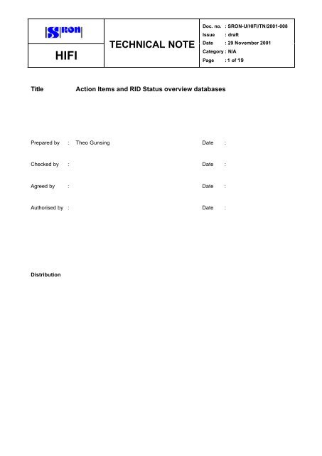 TECHNICAL NOTE - SRON