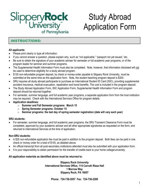 Study Abroad Application Form - Slippery Rock University