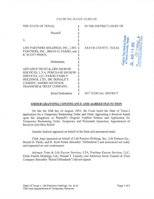 Order Granting Continuance and Agreed Injunction - Texas State ...