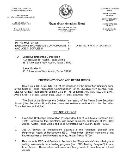 Emergency Cease and Desist Order - Texas State Securities Board