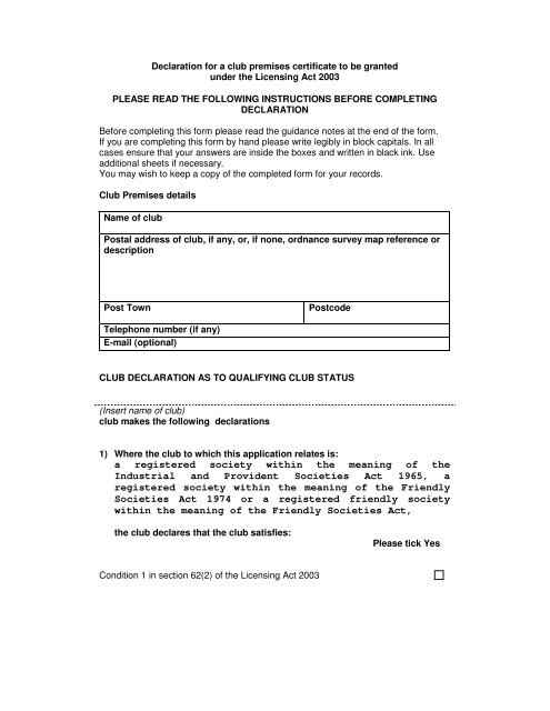 Declaration for a club premises certificate to be